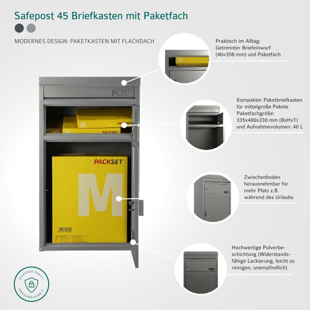 Brievenbus met pakketvak SafePost 45 - antracietgrijs - Brievenbusdirect.nl